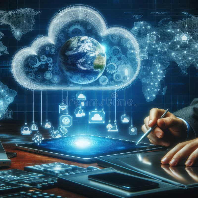 Cloud Computing Technology Concept 3d Rendering Toned Image Double Exposure Stock Illustration