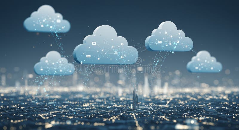 Cloud Computing Over Cityscape Digital Clouds Symbolize Data Network ...
