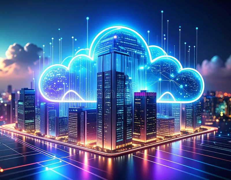 Cloud Computing Over Smart City at Night Stock Illustration - Illustration of computing, blue ...