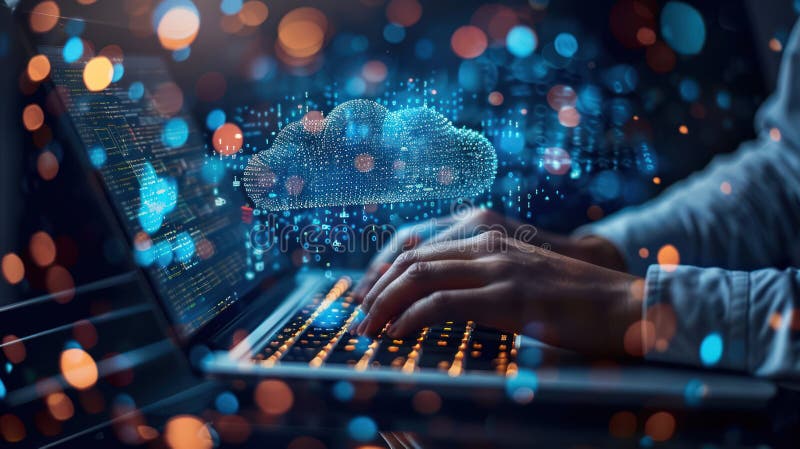 Cloud Computing: Person Using Laptop with Binary Code Graphic Stock Illustration - Illustration ...