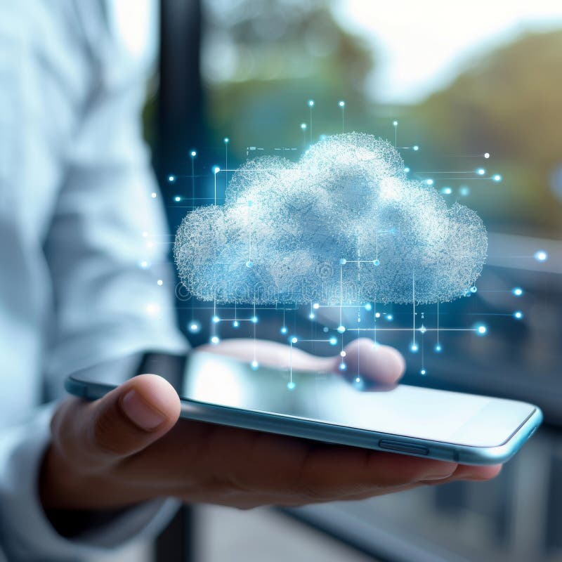 Cloud Computing, Person Using Mobile Phone with Hologram of Digital ...