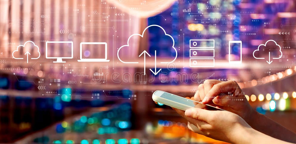 Cloud Computing with Person Using a Smartphone in City at Night Stock ...