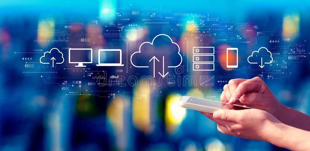 Cloud Computing with Person Using a Smartphone at Night Stock Photo ...