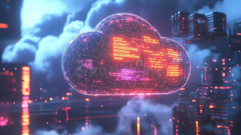 Cloud Computing Revolution Digital Data Management in a Futuristic Cityscape with Neon Elements ...