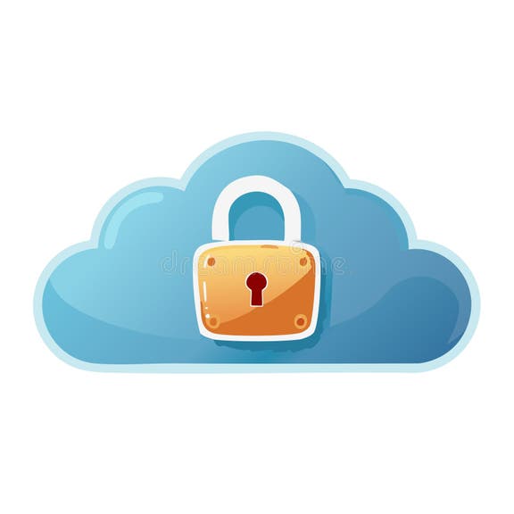 Cloud Computing Security Cartoon Concept with Golden Padlock Protecting Data on Blue Cloud Stock ...