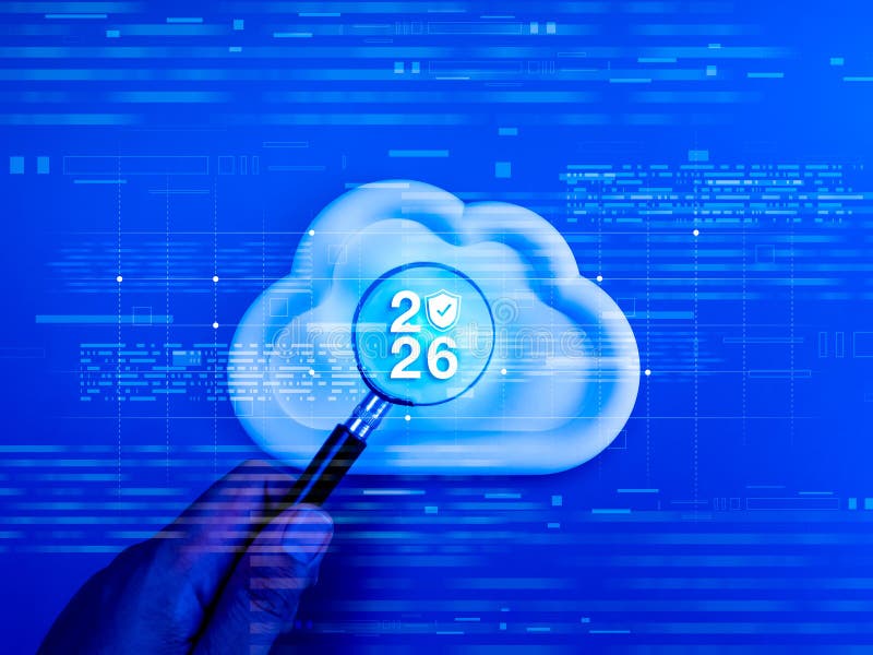 Cloud Computing Security 2026 Concept with Magnifying Glass on Cloud Icon and Shield Symbol Over ...