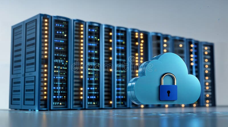 Cloud Computing Security with Padlock and Server Room in Background Stock Image - Image of ...