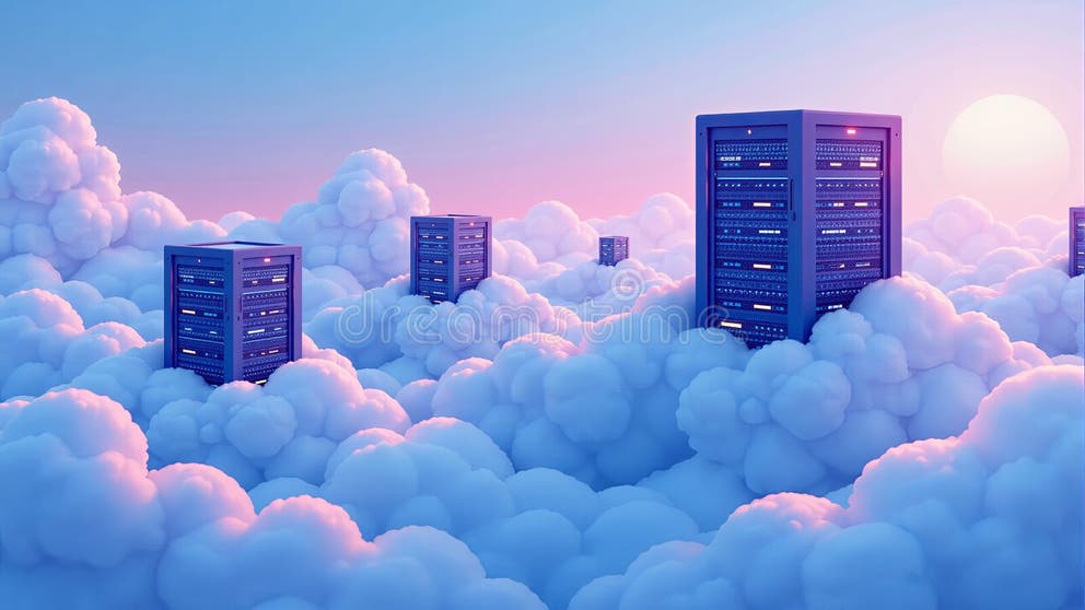 Cloud Computing Servers on Fluffy Clouds Stock Illustration - Illustration of access, technology ...