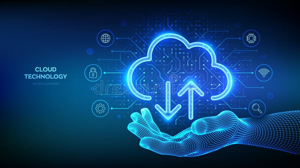 Cloud Computing Service. Cloud Icon in Wireframe Hand. Secure Cloud Storage. Database Storage ...