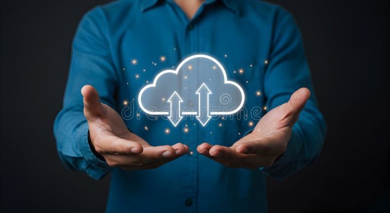 Cloud Computing Service Concept Man Holding Cloud Icon Data Storage and ...