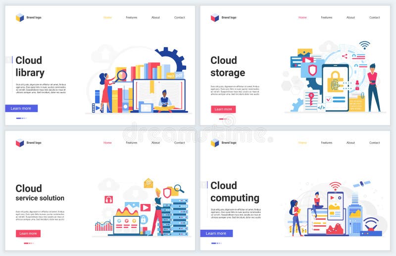 Cloud Computing Service, Data Online Library Vector Illustrations, Cartoon Flat Concept Design ...