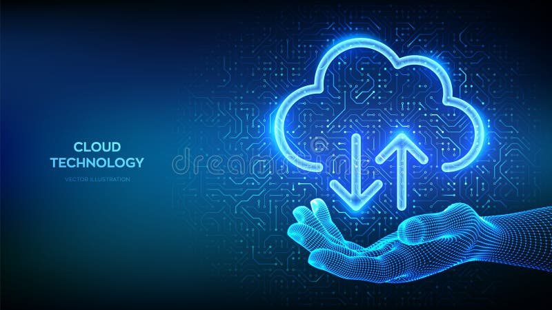 Cloud Computing Service. Cloud Icon in Wireframe Hand. Secure Cloud Storage. Database Storage ...