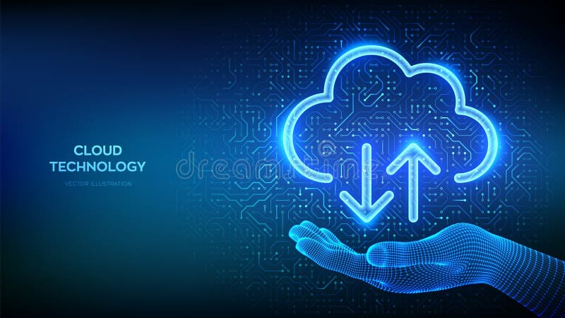 Cloud Computing Service. Cloud Icon in Wireframe Hand. Secure Cloud Storage. Database Storage ...