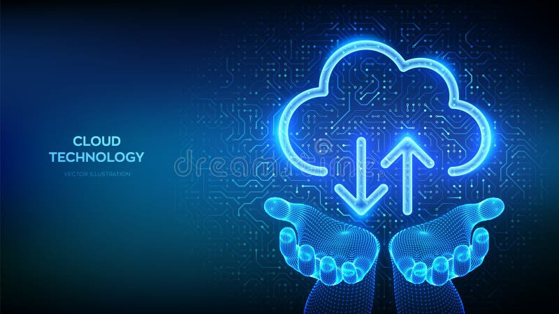 Cloud Computing Service. Cloud Icon in Wireframe Hands. Secure Cloud Storage. Database Storage ...