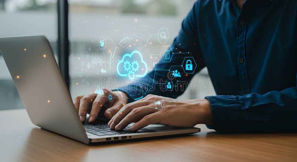 Cloud Computing Services Concept Business Man Using Laptop with Cloud Technology Network ...