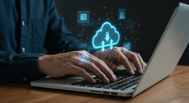 Cloud Computing Services Concept Man Using Laptop with Cloud Technology ...