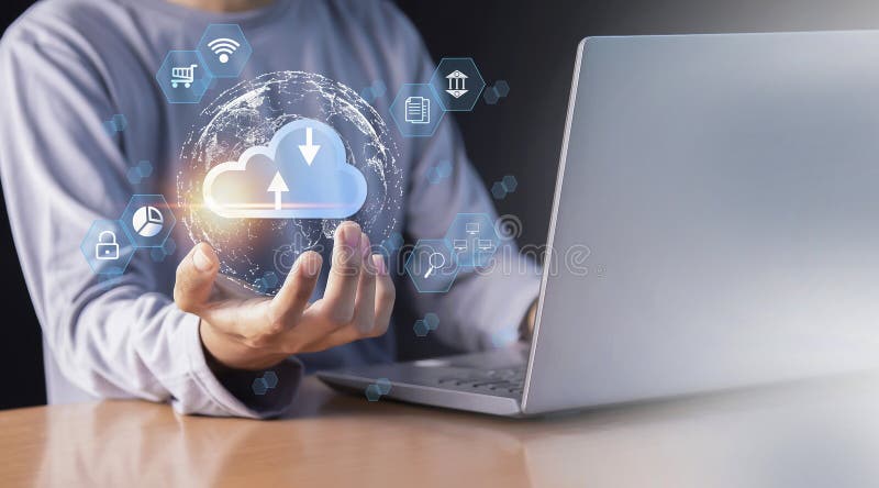 Cloud Computing Shown in Hand Cloud Technology Data Storage, Data Transfer, Network and Internet ...