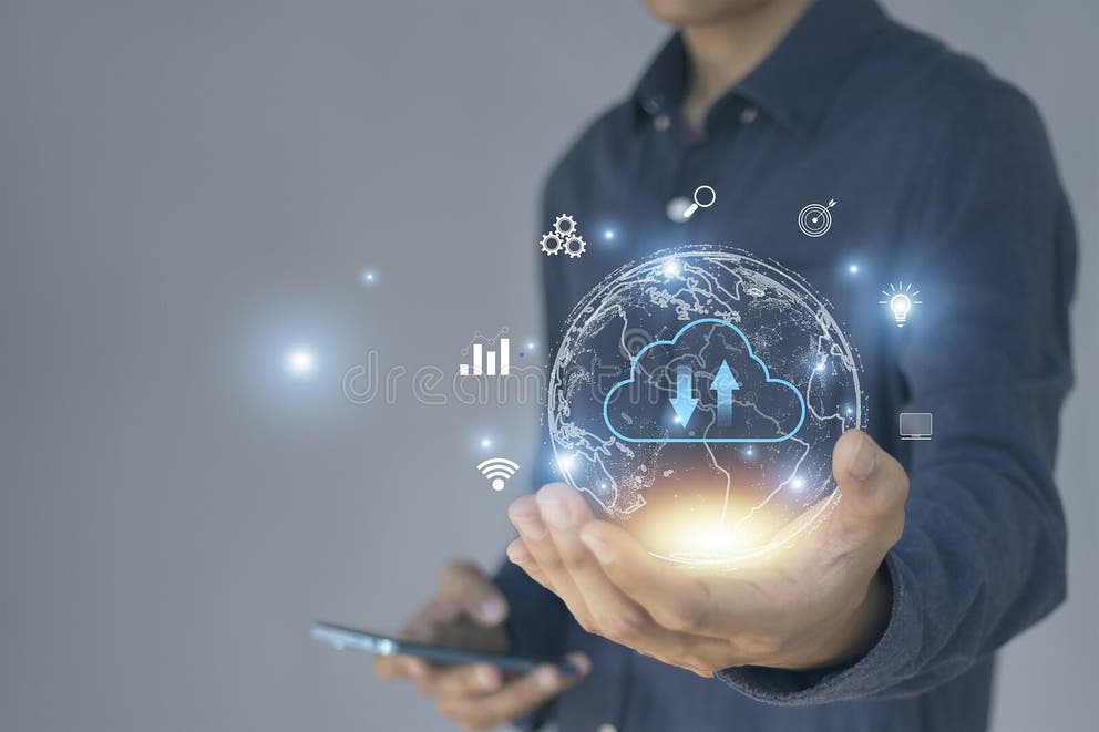 Cloud Computing Shown in Hand Cloud Technology Data Storage, Data Transfer, Network and Internet ...