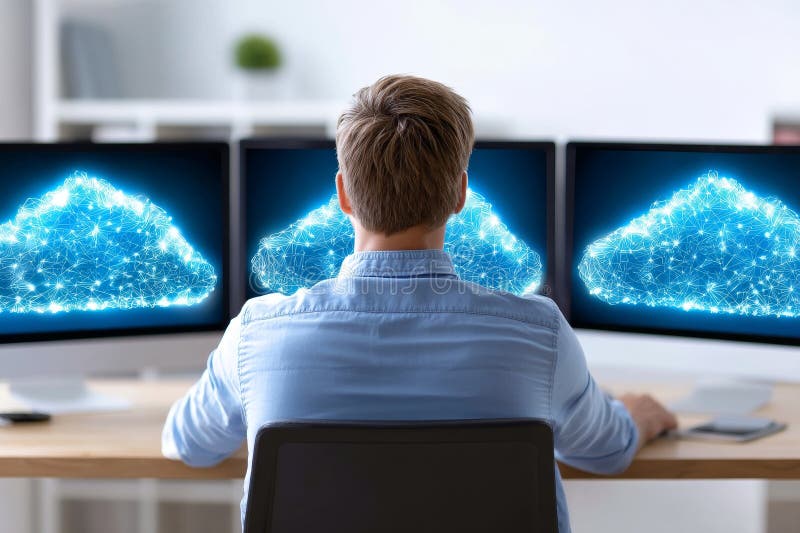 Cloud Computing Specialist at Work a Person Sits before Three Computer ...