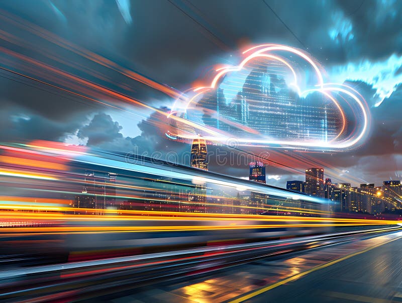 Cloud Computing with a Speeding Train on a City Background Stock Illustration - Illustration of ...