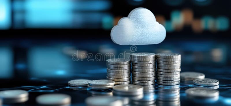 Cloud Computing Symbol Above Stacks of Coins Representing Digital Currency and Financial Growth ...