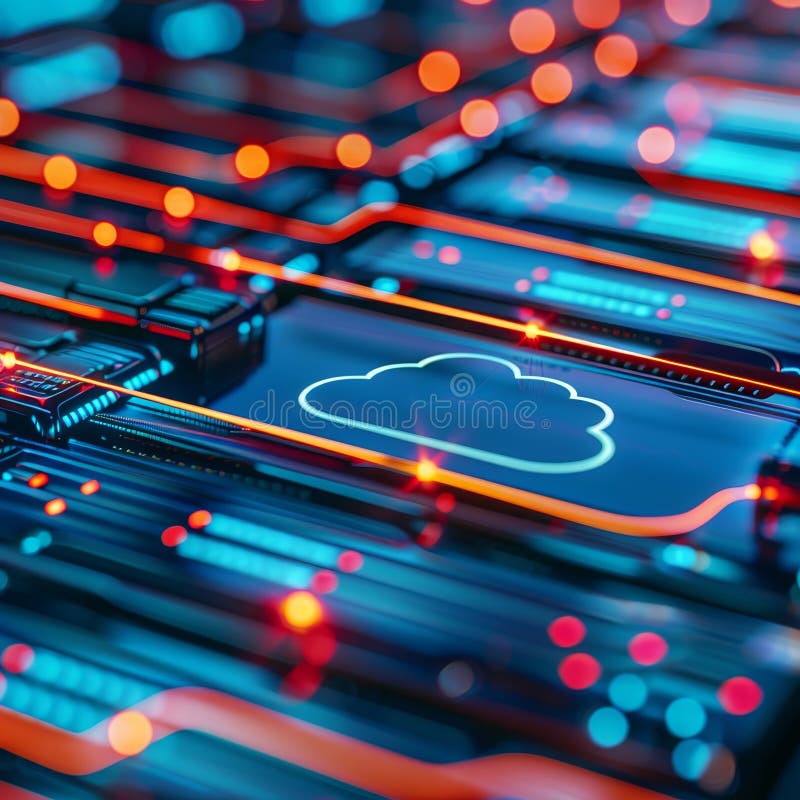 Cloud Computing Symbol on Circuit Board, Neon Lights, Data Storage and ...