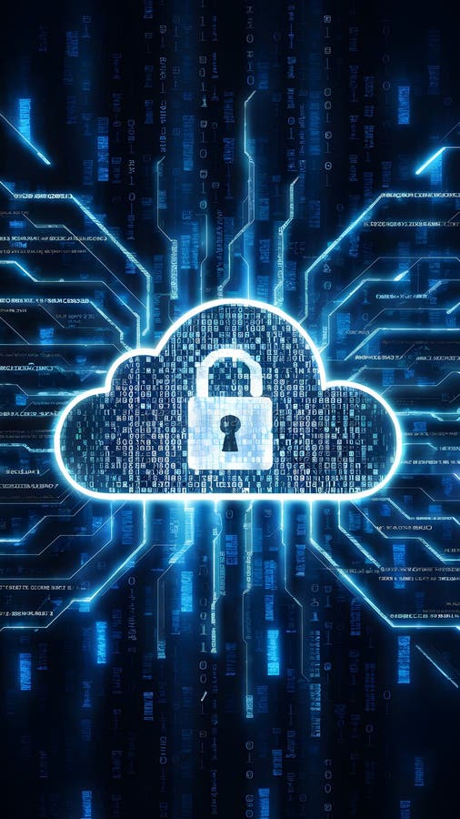 Cloud Computing Symbol with Padlock on Central Cloud Icon, Binary ...