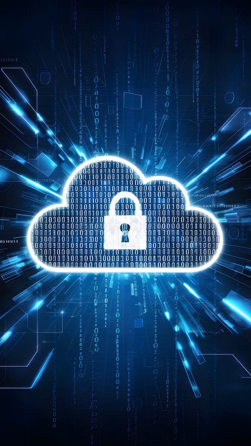 Cloud Computing Symbol with Padlock on Central Cloud Icon, Binary Background Stock Illustration ...