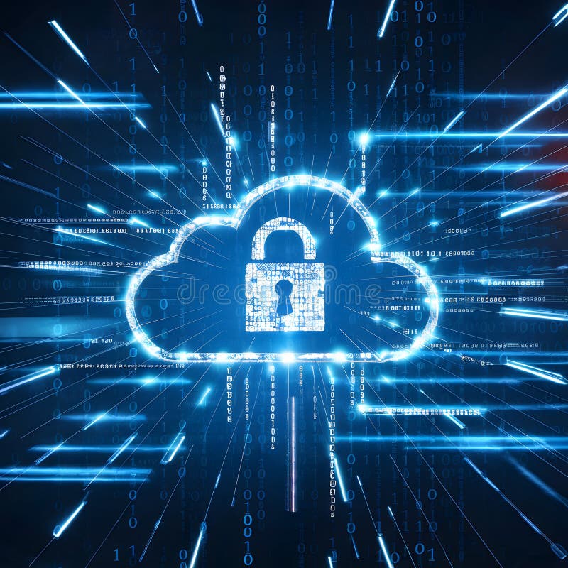 Cloud Computing Symbol with Padlock on Central Cloud Icon, Binary Background Stock Illustration ...