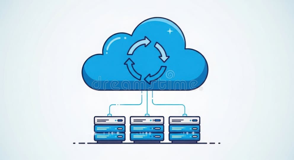 Cloud Computing Synchronization Technology Data Storage Servers Connected To a Blue Cloud Icon ...
