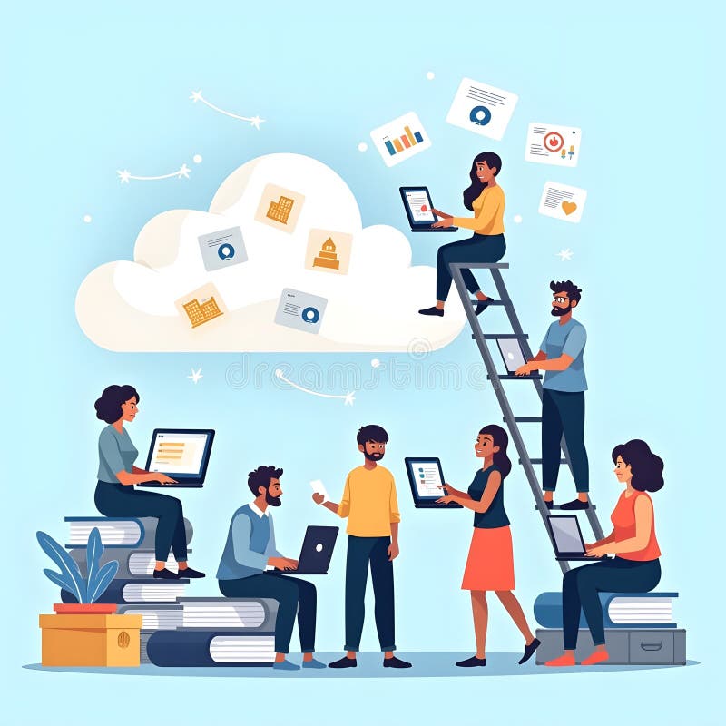 Cloud Computing Teamwork Collaboration People Working Together on Laptops and Tablets Online ...