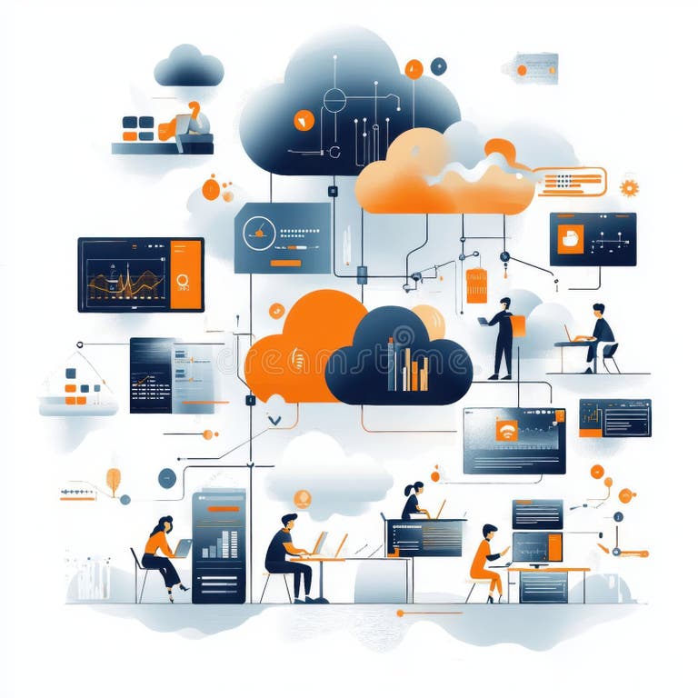 Cloud Computing Teamwork Data Analysis Digital Technology Network Isolated on White Background ...