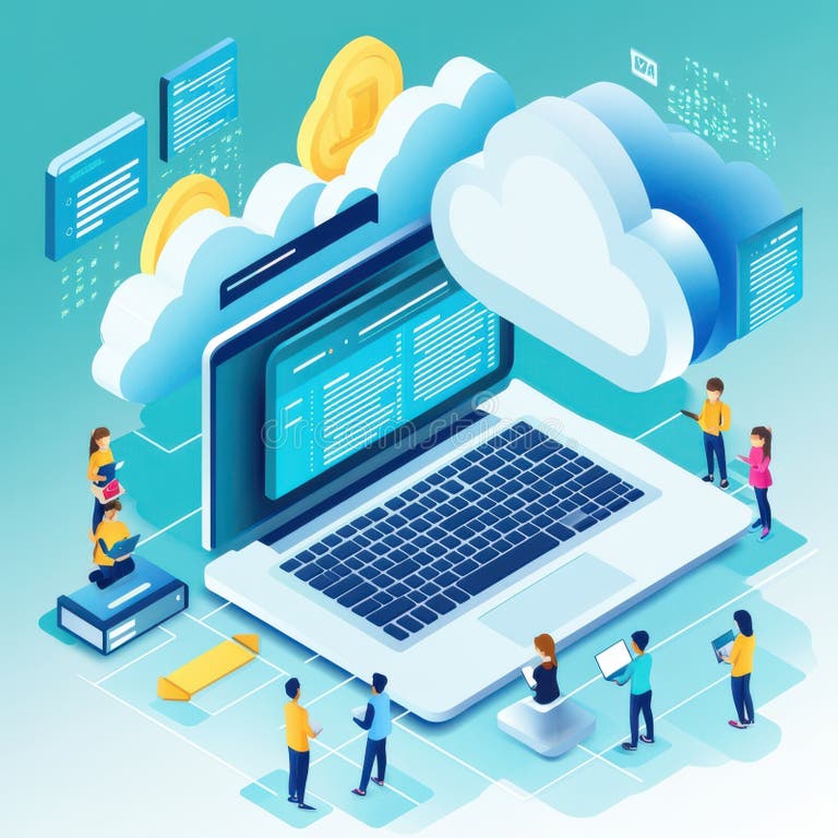 Cloud Computing Teamwork Data Collaboration Technology Laptop Network Isolated on White ...