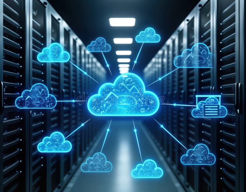 Cloud Computing Tech Visualized in Data Center. Virtualization, Scalability of Data Storage ...