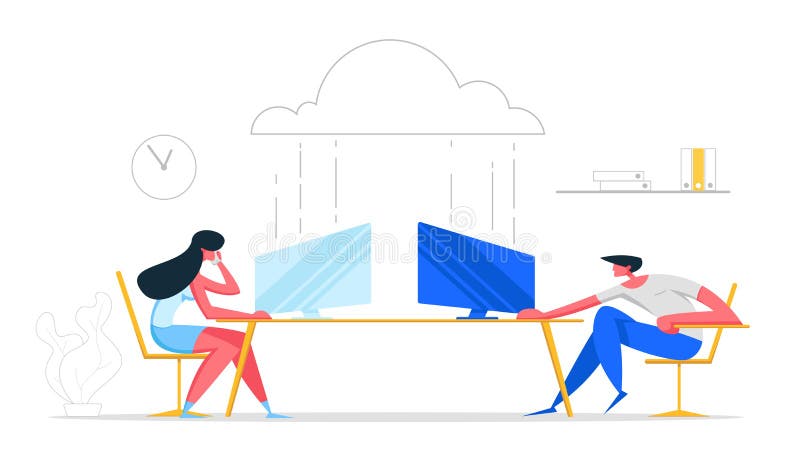 Cloud Computing Technologies Concept. Man and Woman Characters Working ...