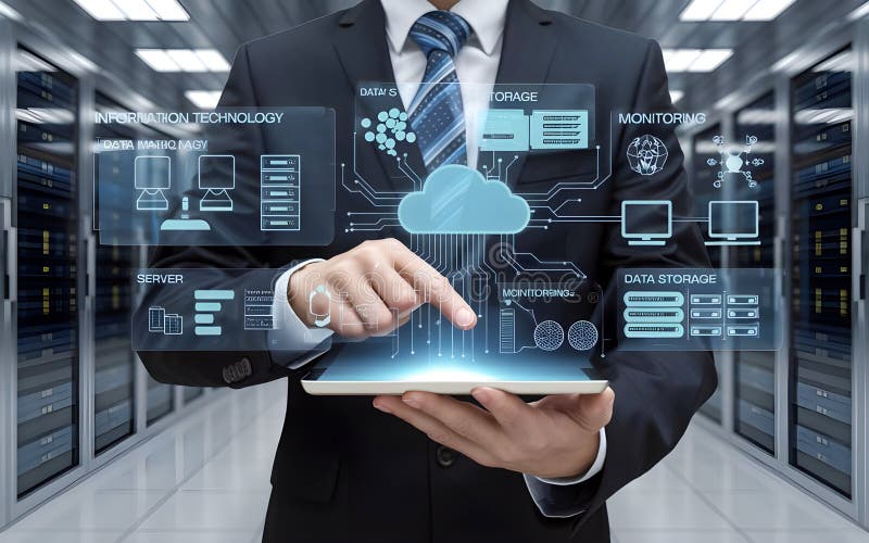 Cloud Computing Technology Concept. Businessman Holding Tablet with Cloud Computing Icons Stock ...