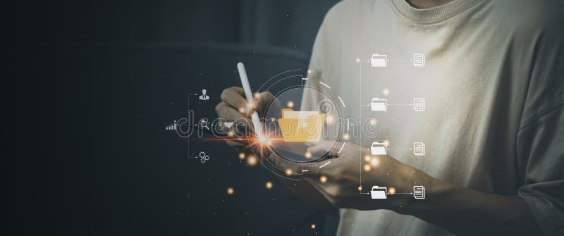 Cloud Computing Technology Concept. Man Hold Tablet and Smart Pen Using ...