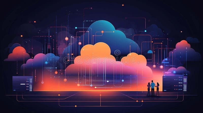 Cloud Computing Technology Concept with People Silhouettes and Hologram ...
