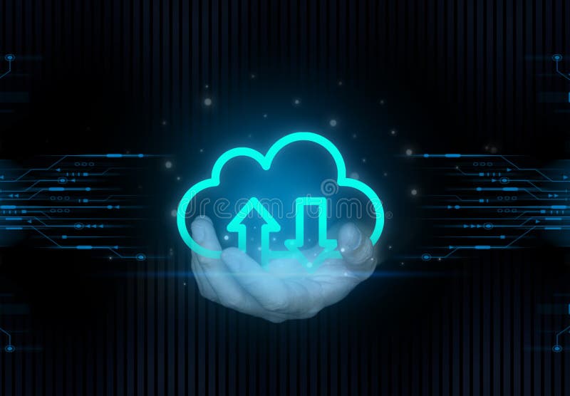 Cloud Computing Technology Concept with Upload and Download Icons in Human Hand, Digital Data ...
