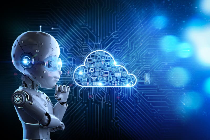 Cloud Computing Technology with Cute Robot Stock Illustration ...