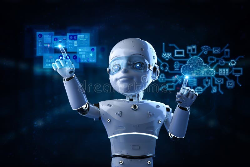 Cloud Computing Technology with Cute Robot Stock Illustration ...