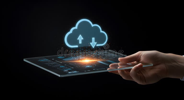 Cloud Computing Technology Data Storage Hand Holding Tablet with Cloud ...