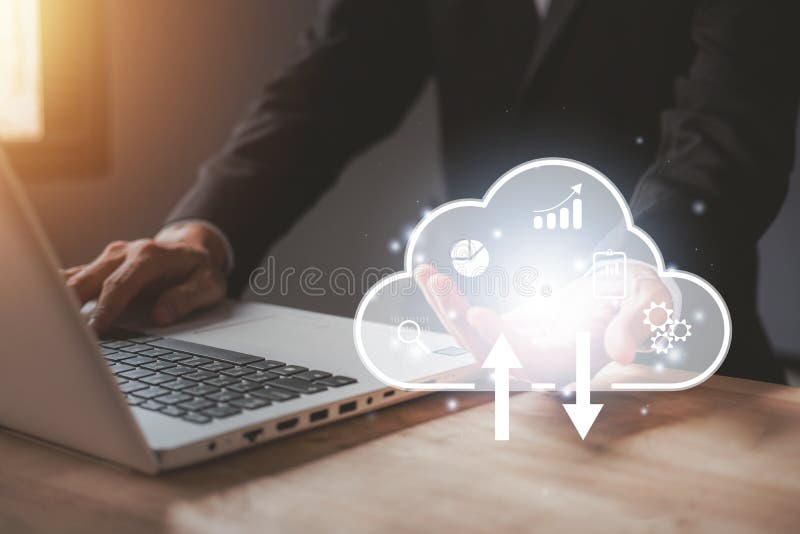 Cloud Computing Technology on Hand of Businessmen and Using Notebook ...