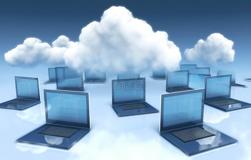 Cloud Computing Technology, Puffy Clouds Floating Over Laptops ...