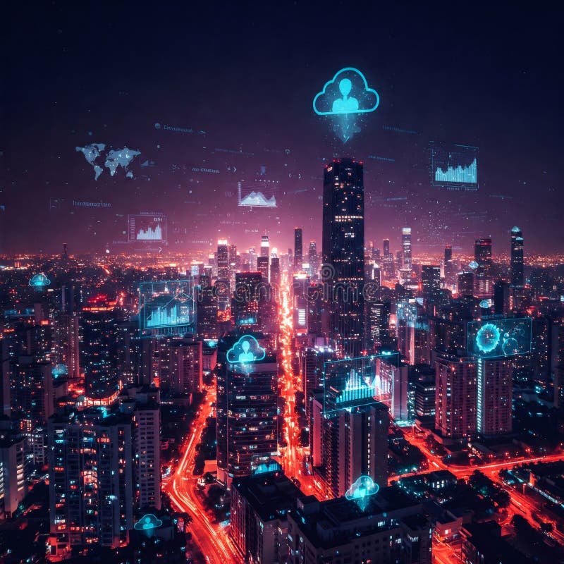 Cloud Computing Transforming a City with Data Analysis, User Icons, and Digital Transformation ...