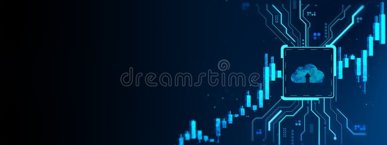Cloud Computing Upload Icon with Digital Circuit Lines and Candlestick ...