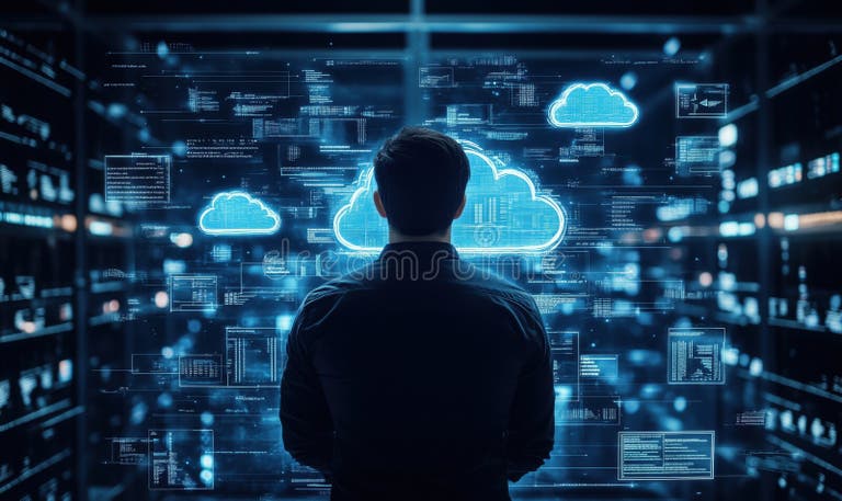 Cloud Computing Visualization with a Man Analyzing Data in a Digital ...
