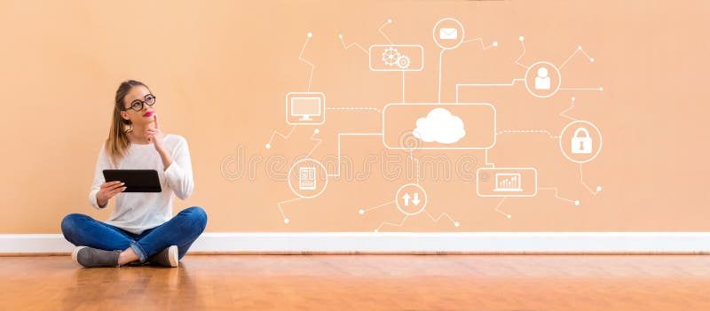 Cloud Computing with Woman Using a Tablet Stock Image - Image of room ...