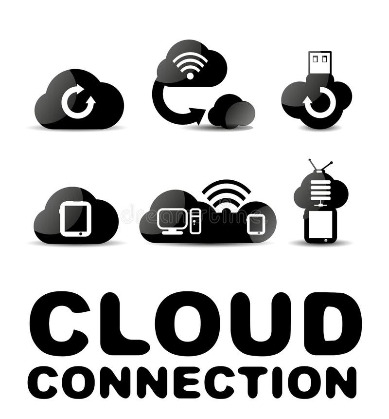 Cloud Connection Glossy Black Icon Set Stock Vector - Illustration of ...