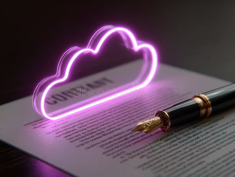 Cloud Contract with Neon Light and Fountain Pen on Document Symbolizing Secure Digital Agreement ...